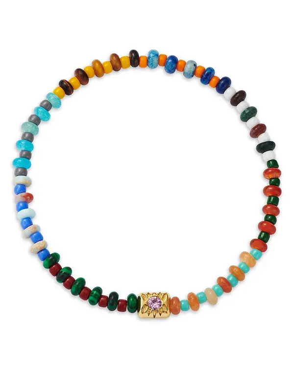 Luis Morais 14k Yellow Gold, Pink Sapphire, Glass & Agate Bead Bracelet - Multi