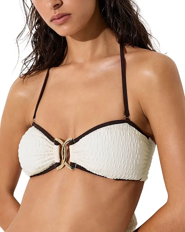 REISS Johannah Tipped Bandeau Bikini Top - Ivory/chocolate