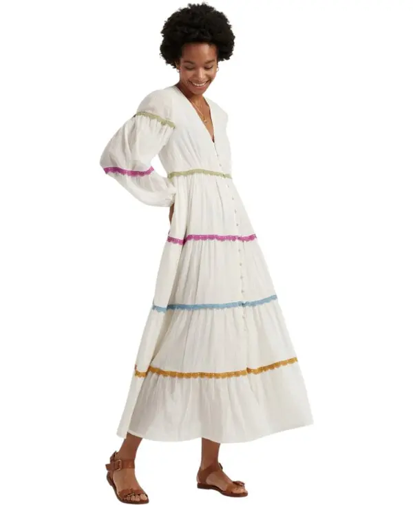 Chinti & Parker Cotton Rainbow Scallop Dress - Cream