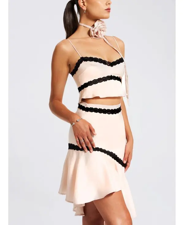 MISS CIRCLE NEW YORK Lace Trim Satin Midi Skirt