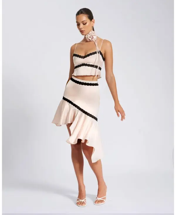 MISS CIRCLE NEW YORK Lace Trim Satin Midi Skirt
