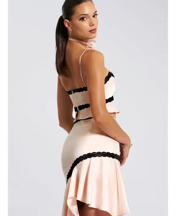 MISS CIRCLE NEW YORK Lace Trim Satin Midi Skirt