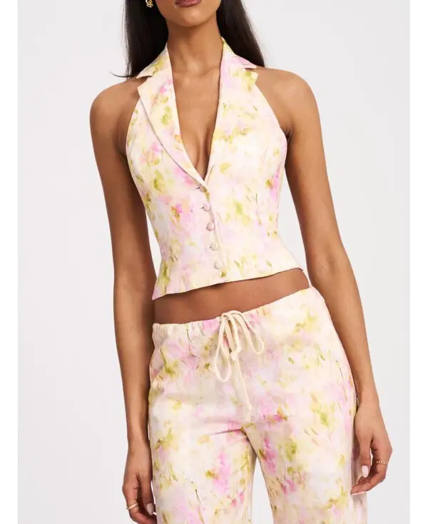 MISS CIRCLE NEW YORK Floral Print Linen Suit Vest