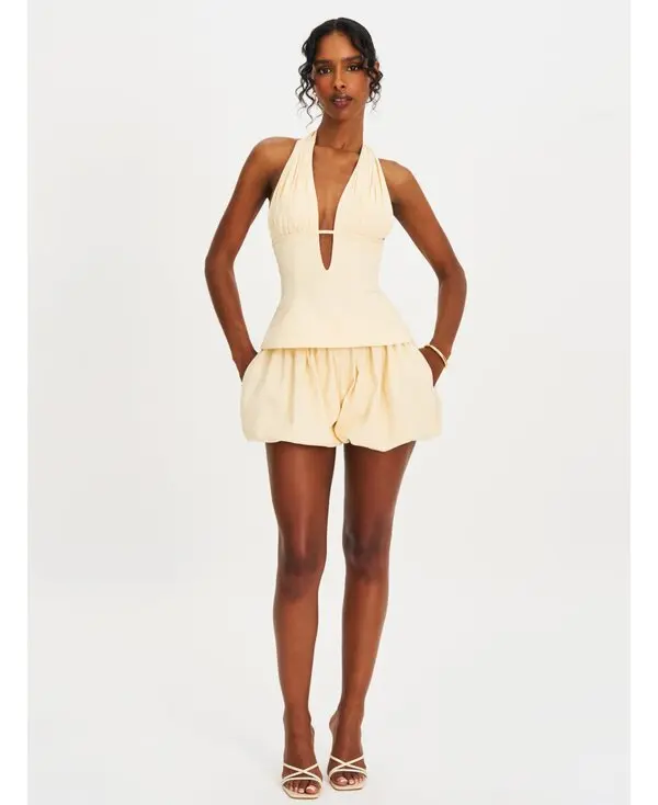 MISS CIRCLE NEW YORK Quinzelle Linen Bubble Hem Shorts - Yellow
