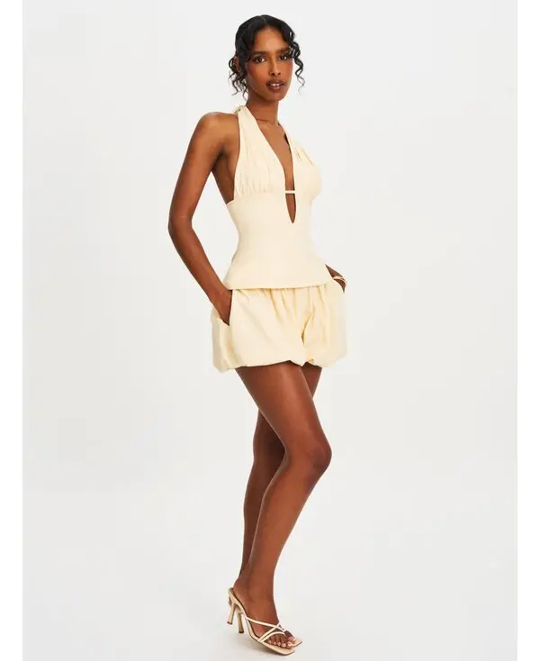 MISS CIRCLE NEW YORK Quinzelle Linen Bubble Hem Shorts - Yellow