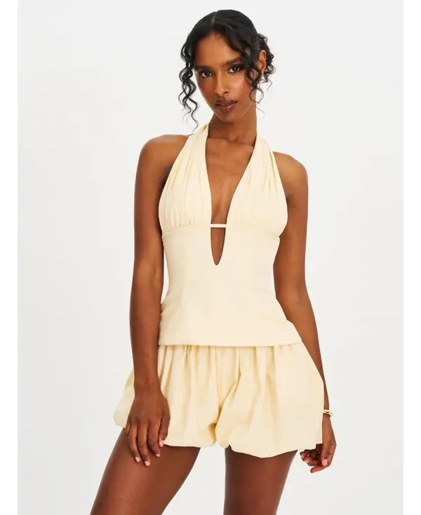 MISS CIRCLE NEW YORK Quinzelle Linen Bubble Hem Shorts - Yellow