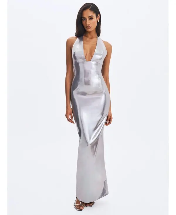 MISS CIRCLE NEW YORK Valeska Foil Plunging Sheath Maxi Dress