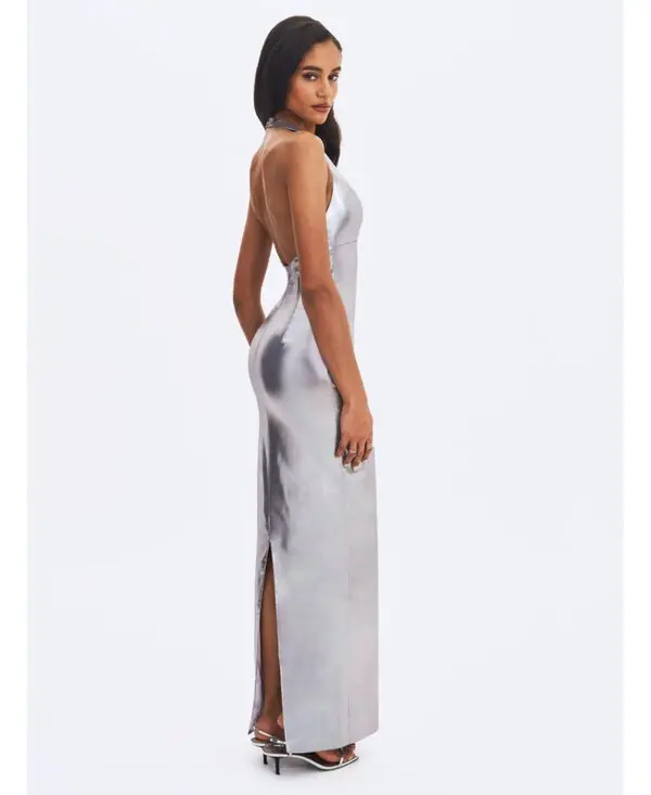 MISS CIRCLE NEW YORK Valeska Foil Plunging Sheath Maxi Dress