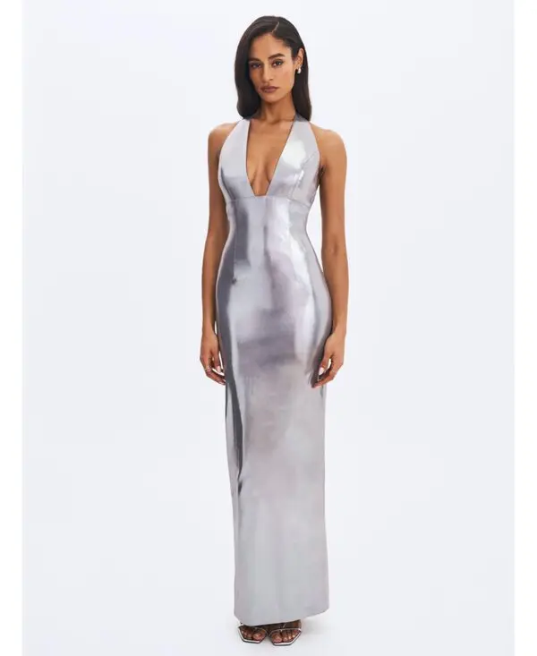 MISS CIRCLE NEW YORK Valeska Foil Plunging Sheath Maxi Dress