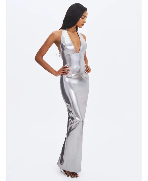 MISS CIRCLE NEW YORK Valeska Foil Plunging Sheath Maxi Dress