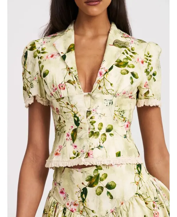 MISS CIRCLE NEW YORK Floral Print Linen Top With Lace Trim