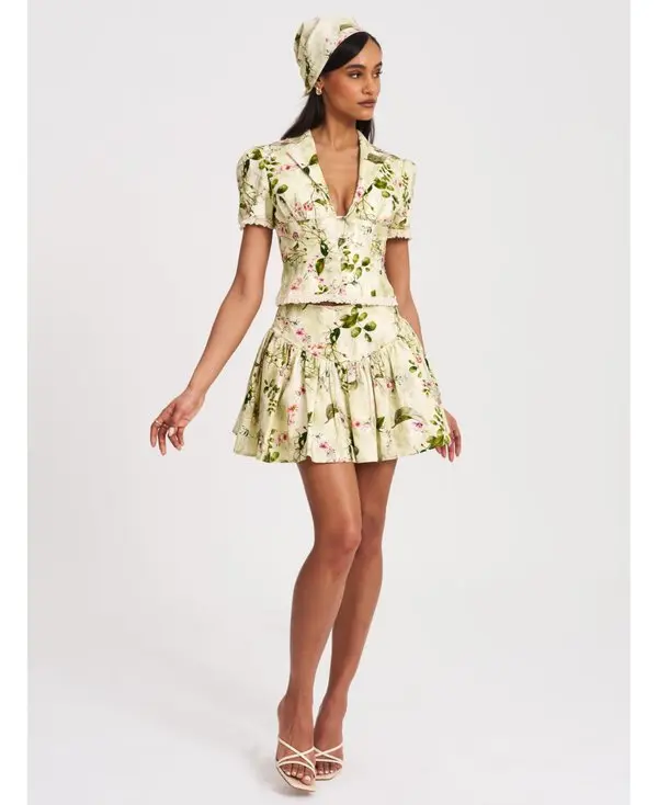 MISS CIRCLE NEW YORK Floral Print Linen Top With Lace Trim