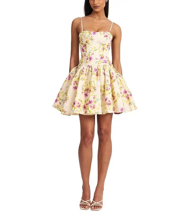 MISS CIRCLE NEW YORK Valda Floral Linen Mini Dress With Pockets - Yellow