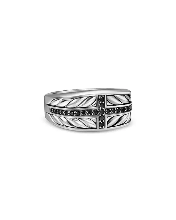 David Yurman Chevron Three Sided Signet Ring In Sterling Silver With Black Diamonds, 12.5mm - Black/silver