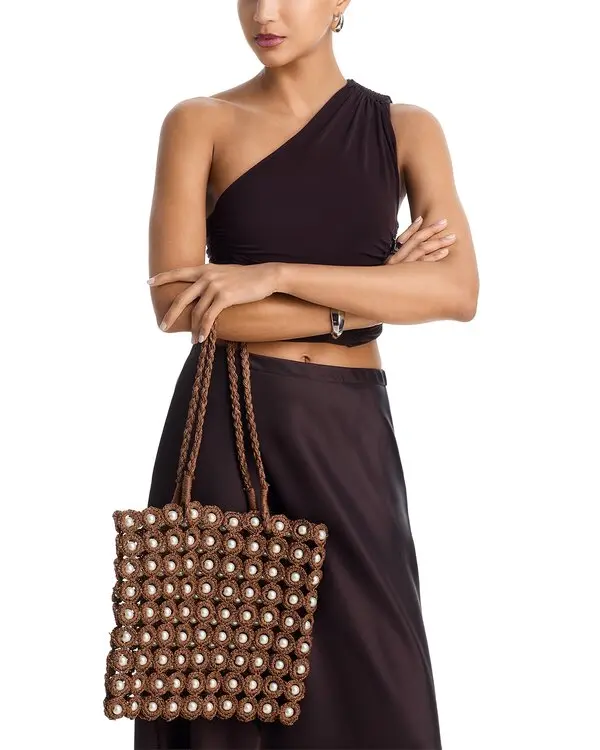 Aqua Imitation Pearl And Crochet Tote - Brown