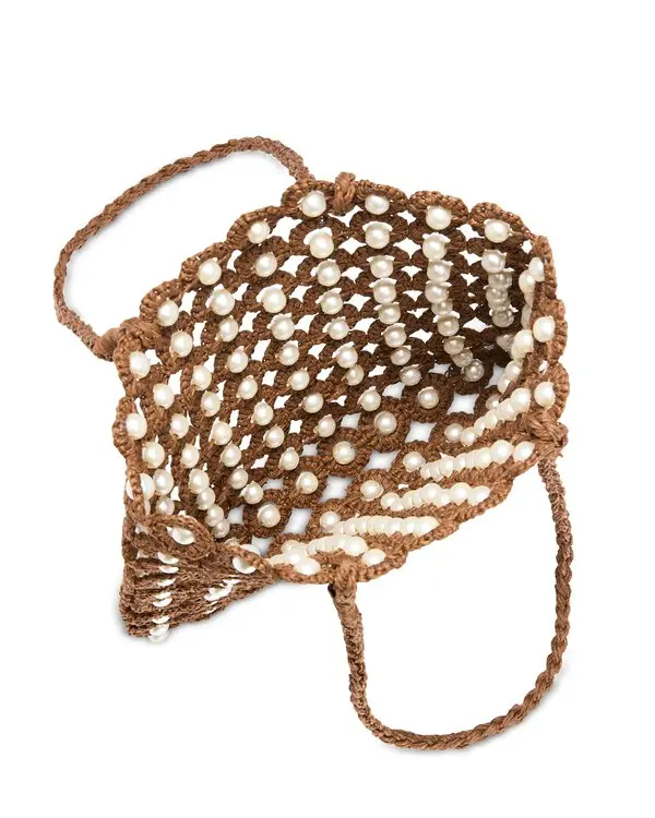 Aqua Imitation Pearl And Crochet Tote - Brown