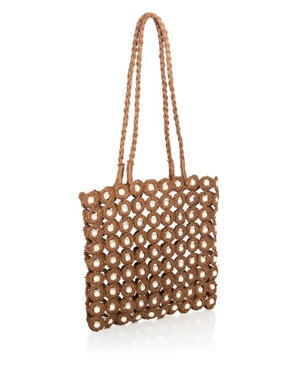 Aqua Imitation Pearl And Crochet Tote - Brown