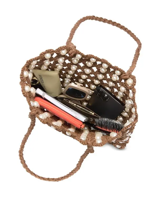Aqua Imitation Pearl And Crochet Tote - Brown