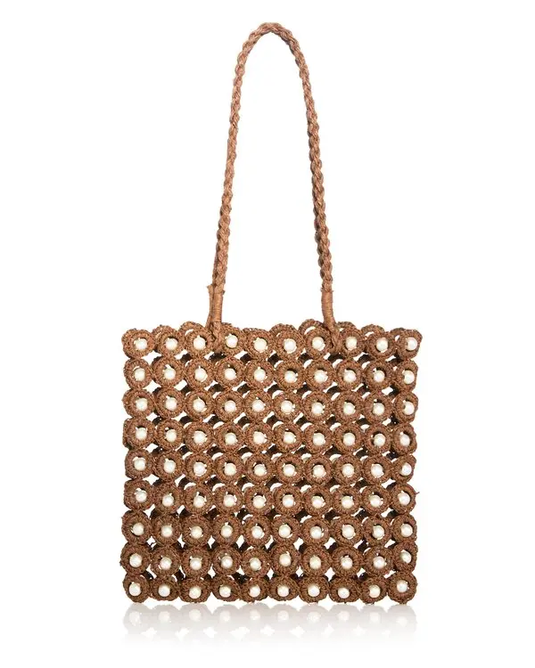 Aqua Imitation Pearl And Crochet Tote - Brown