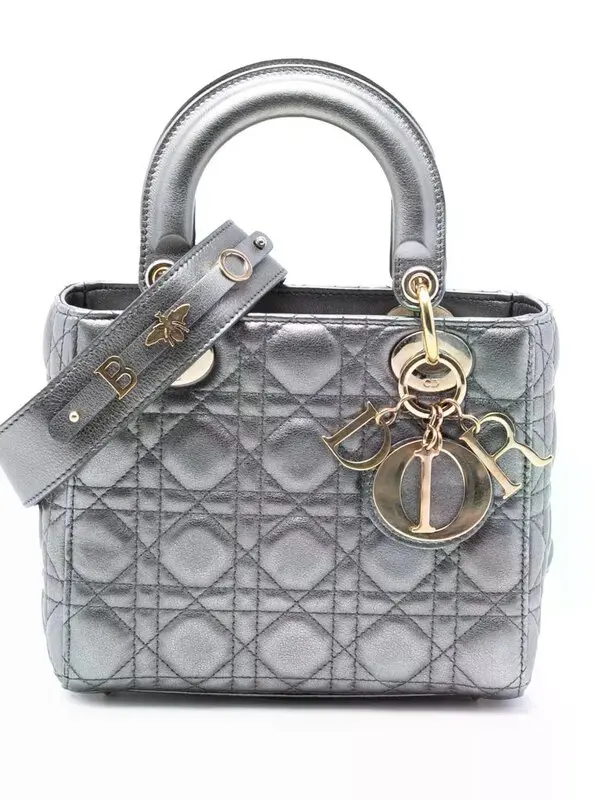 Dior 2019 Small Metallic Lambskin Cannage My Abcdior Lady Satchel - Grey