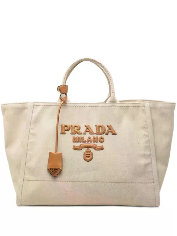 Prada 2000-2026 Large Linen And Vitello Logo Tote Bag - Neutrals