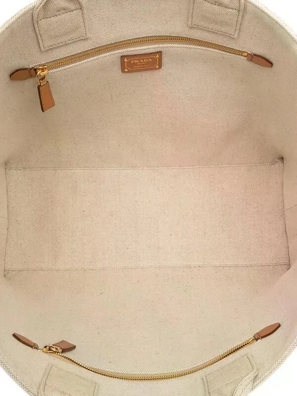 Prada 2000-2026 Large Linen And Vitello Logo Tote Bag - Neutrals