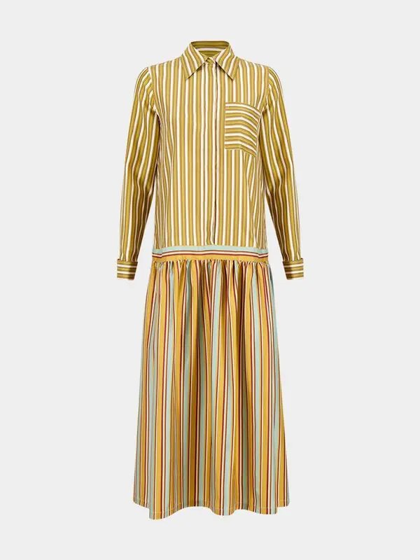 PAULA Rosalia Sun Stripes Printed A-line Silk Twill Dress - Yellow