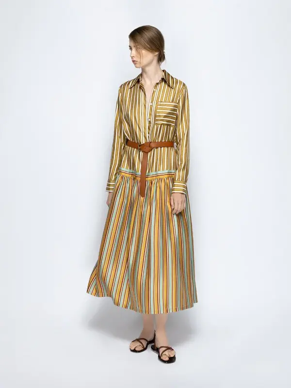 PAULA Rosalia Sun Stripes Printed A-line Silk Twill Dress - Yellow