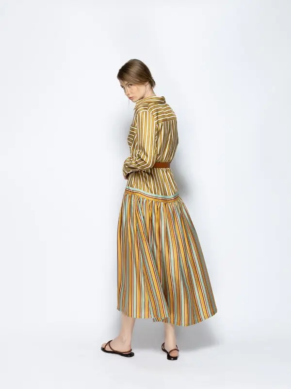 PAULA Rosalia Sun Stripes Printed A-line Silk Twill Dress - Yellow