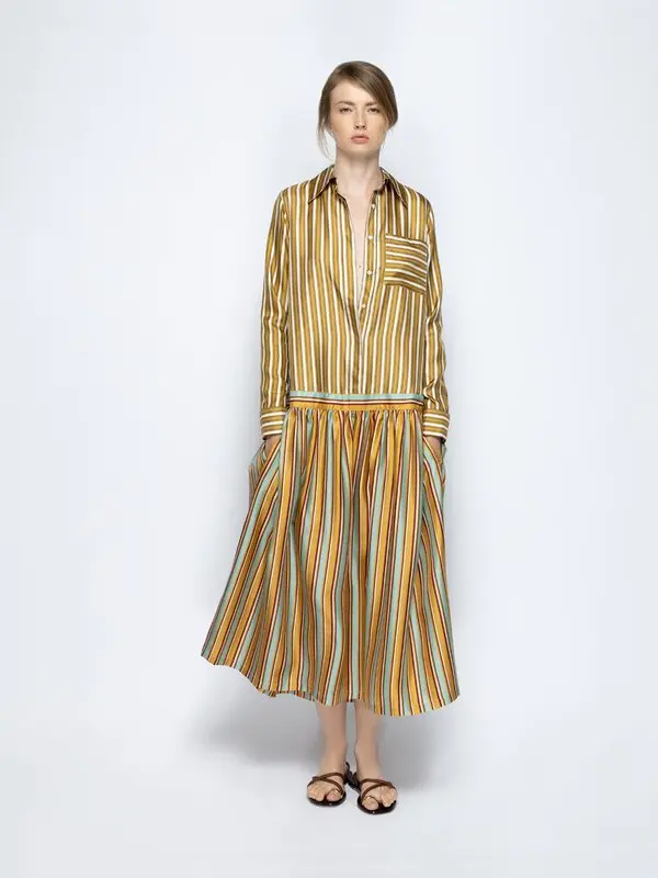 PAULA Rosalia Sun Stripes Printed A-line Silk Twill Dress