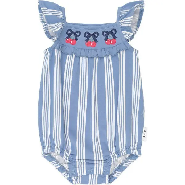 HUXBABY Vintage Stripe Cherry Romper - Bijou Blue/almond Milk