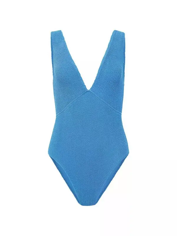 SORBET ISLAND Textured V-neck One-piece Swimsuit - Blue