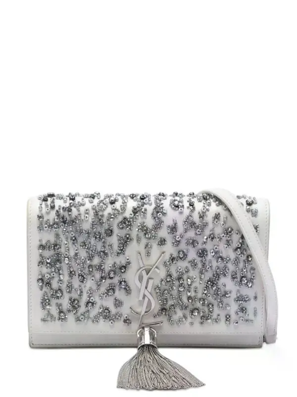 Saint Laurent 2013 Beaded Calfskin Monogram Kate Tassel Wallet On Chain Crossbody Bag - White
