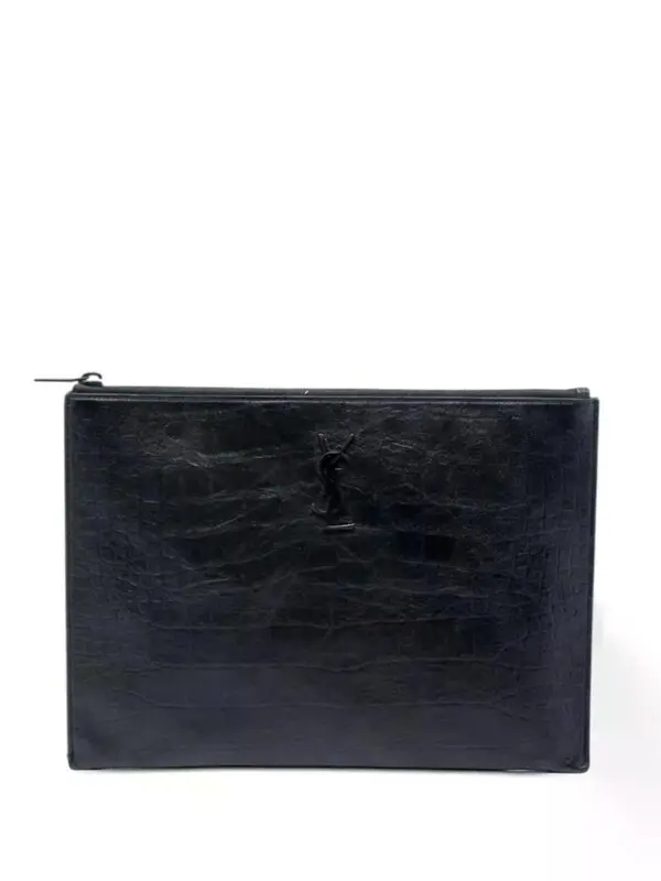 Saint Laurent 2018 Croc Embossed Leather Monogram Document Holder Clutch Bag - Black