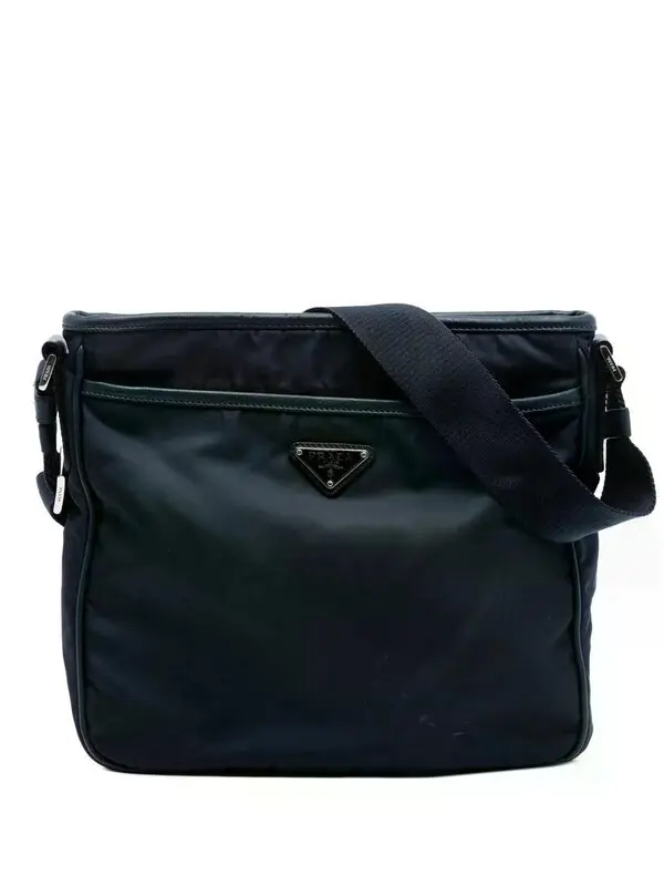 Prada Saffiano Trimmed Tessuto Zip Top Crossbody Bag - Blue