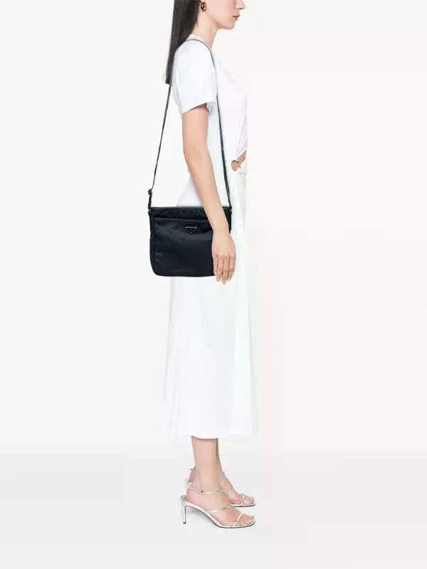 Prada Saffiano Trimmed Tessuto Zip Top Crossbody Bag - Blue