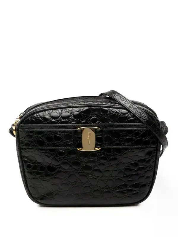 FERRAGAMO Leather Gancini Chain Crossbody Bag - Black