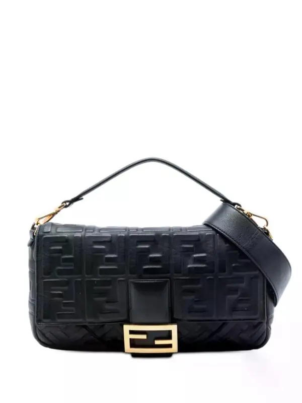 Fendi Large Zucca Embossed Leather Baguette Satchel - Black