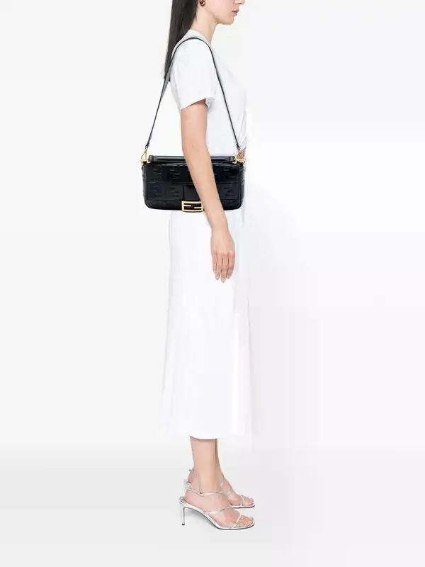 Fendi Large Zucca Embossed Leather Baguette Satchel - Black
