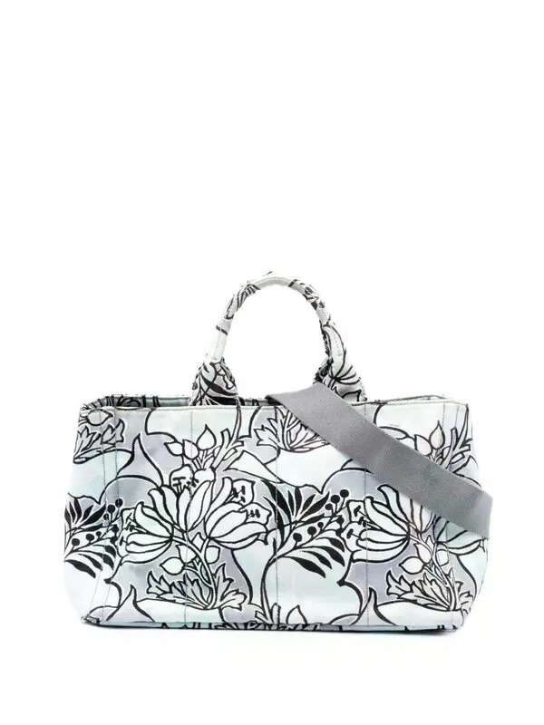 Prada Medium Floral Printed Canapa Satchel - Blue
