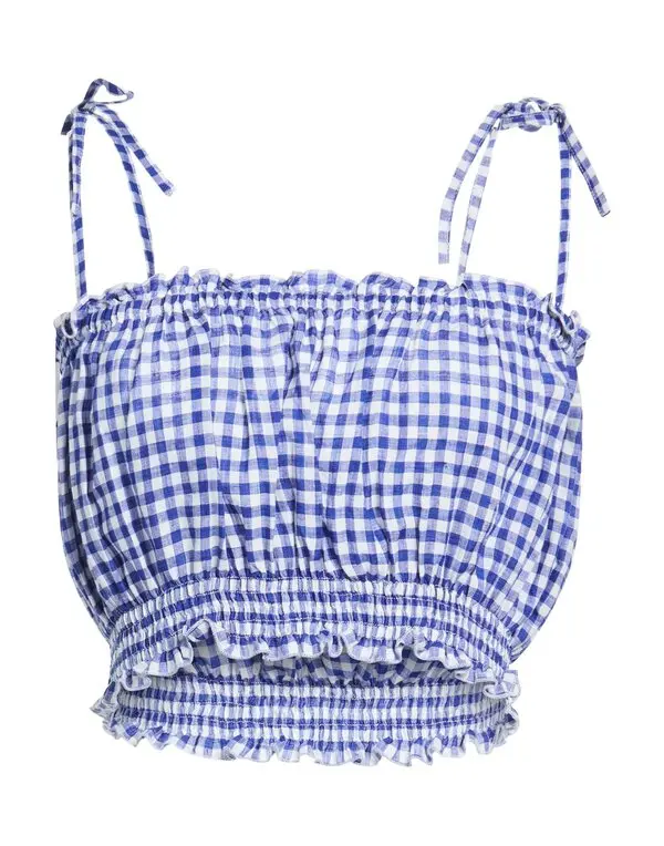 120% Lino Gingham Linen Shirred Crop Top - Blue