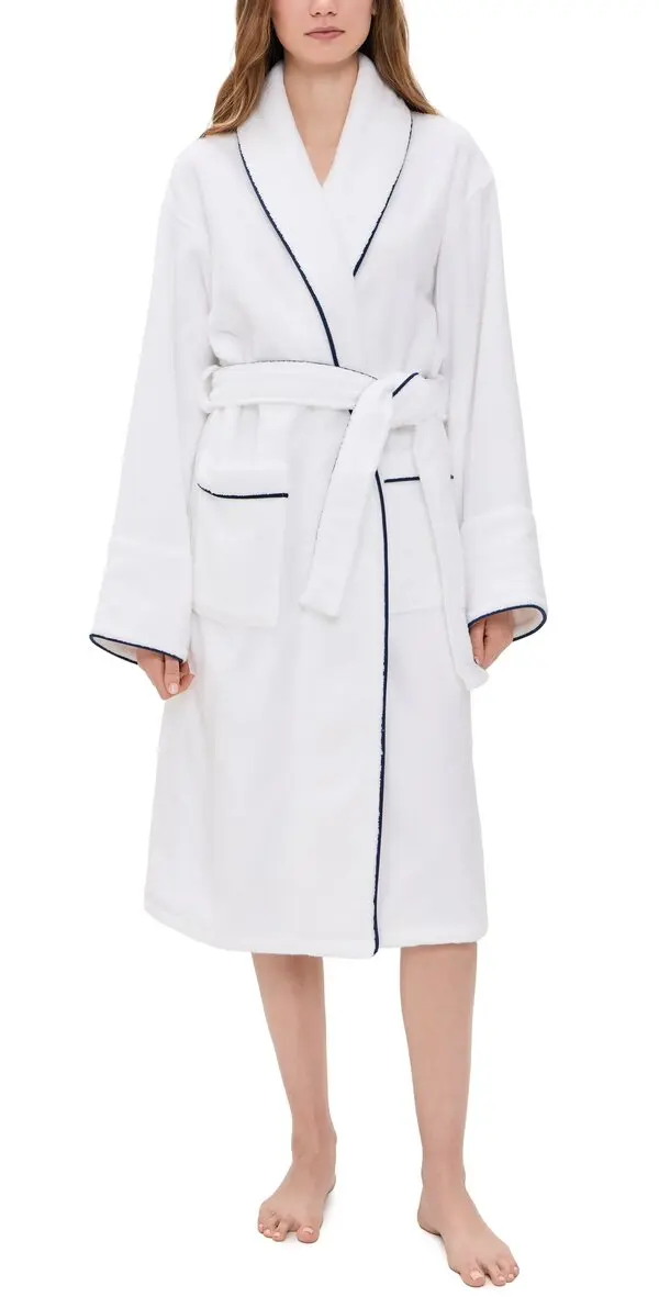 PETITE PLUME Luxe Terry Robe In With Navy Piping - White