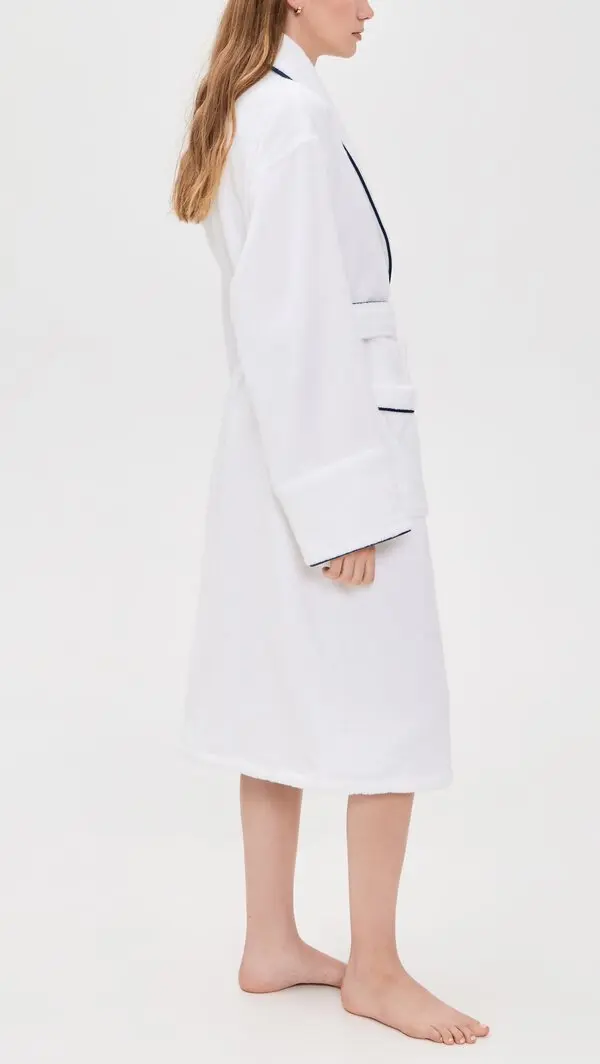 PETITE PLUME Luxe Terry Robe In With Navy Piping
