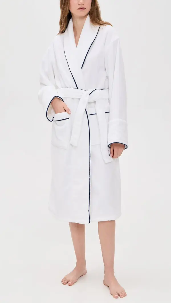 PETITE PLUME Luxe Terry Robe In With Navy Piping