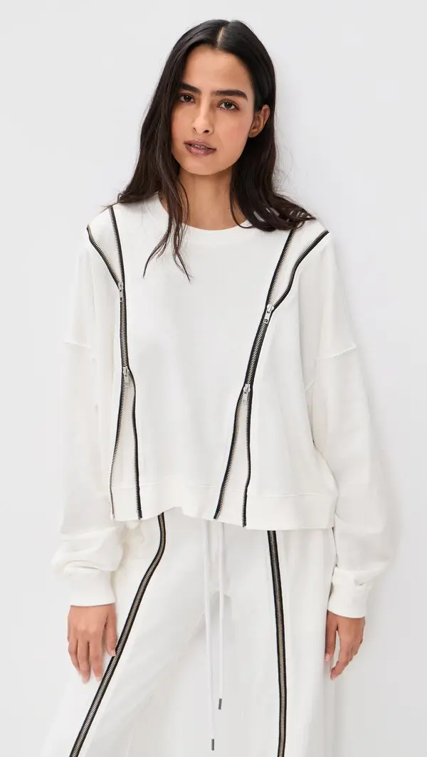 R13 Crew Neck Pullover With Zipper Detail - White