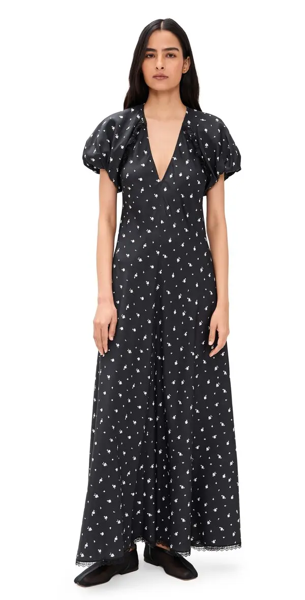 LEE MATHEWS Roxie Silk Maxi Dress With Puff Sleeves - Black