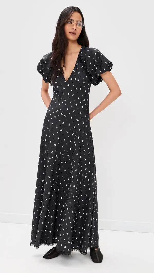 LEE MATHEWS Roxie Silk Maxi Dress With Puff Sleeves