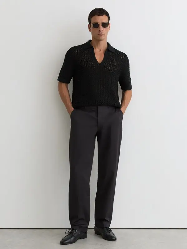 REISS Bronwyn Crochet Open-collar Polo Shirt - Black