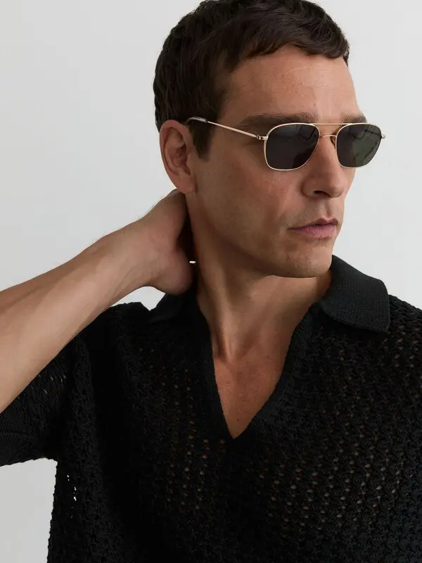 REISS Bronwyn Crochet Open-collar Polo Shirt - Black