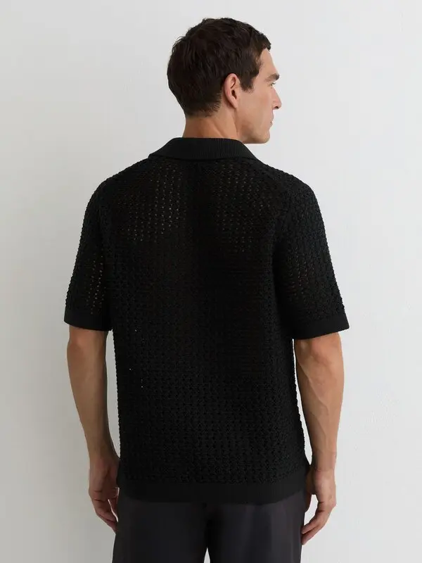REISS Bronwyn Crochet Open-collar Polo Shirt - Black